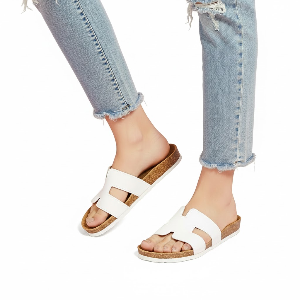 R&A402 Flat Round Toe with H-Shaped Leather Toe Strap in Faux Cork ...