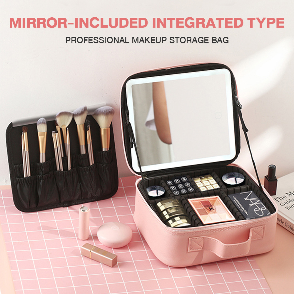 Fashion Makeup Bag With Mirror Tricolor LED Light Organizer Cosmetic ...