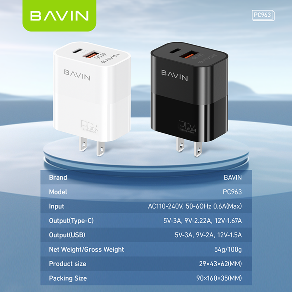 BAVIN PC963 20W PD Fast Charging AC Adapter w/ Dual Port Type-C & USB ...
