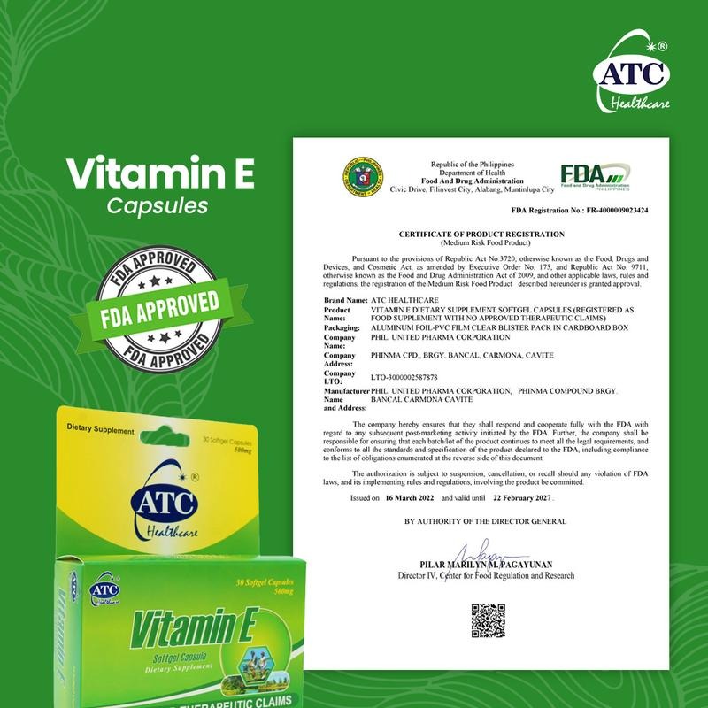 ATC Vitamin E 500mg x 30 Capsules FDA Approved Dietary Supplement For ...
