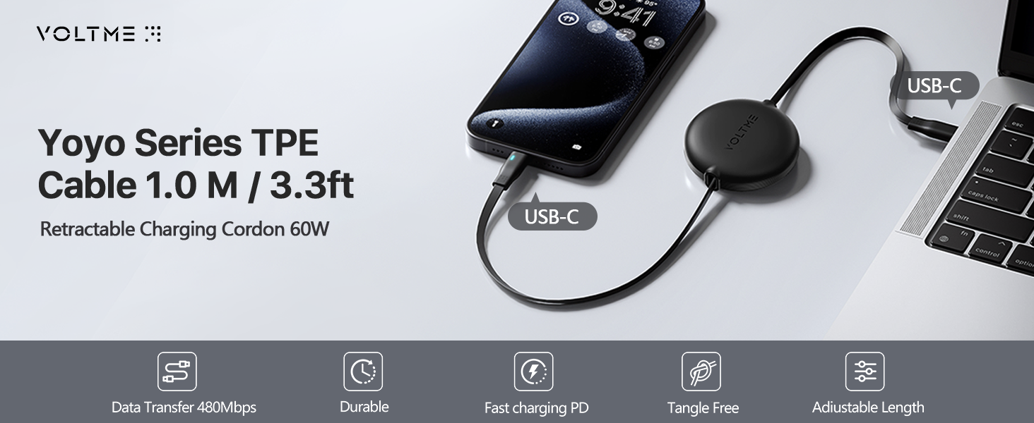 VOLTME POWERLINK YOYO SERIES | CTC Retractable USB-C Cable | 60W PD ...