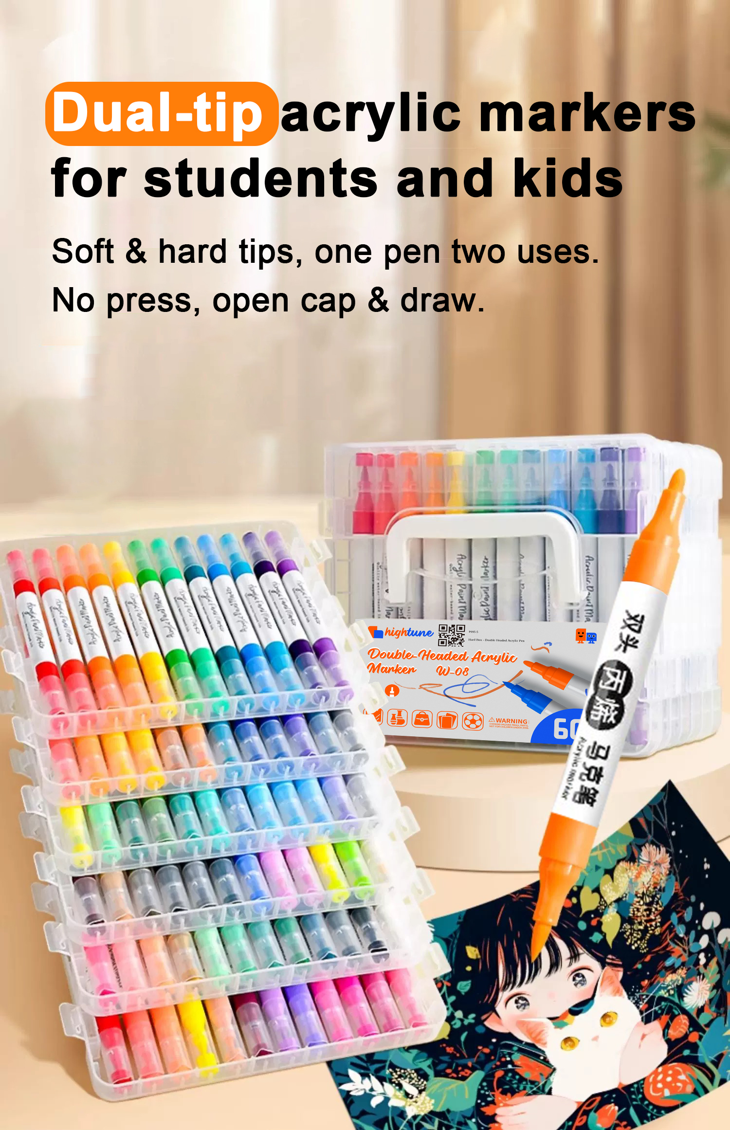 Hightune 60Colors Dual-Head Acrylic Markers Paint Pens with Extra Fine ...