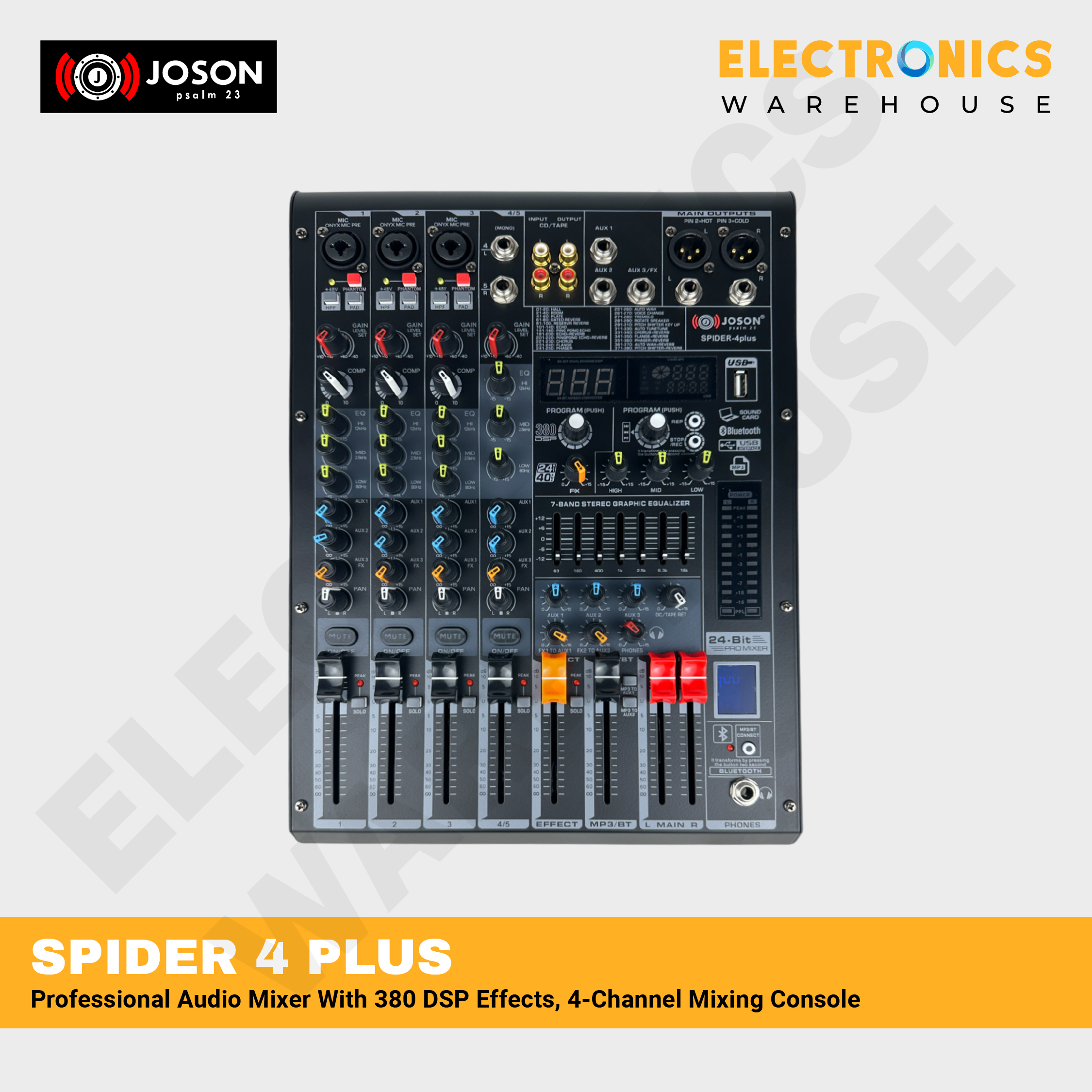 Joson Spider 4 Plus Professional Audio Mixer With 380 DSP Effects, 4-Channel Mixing Console ...