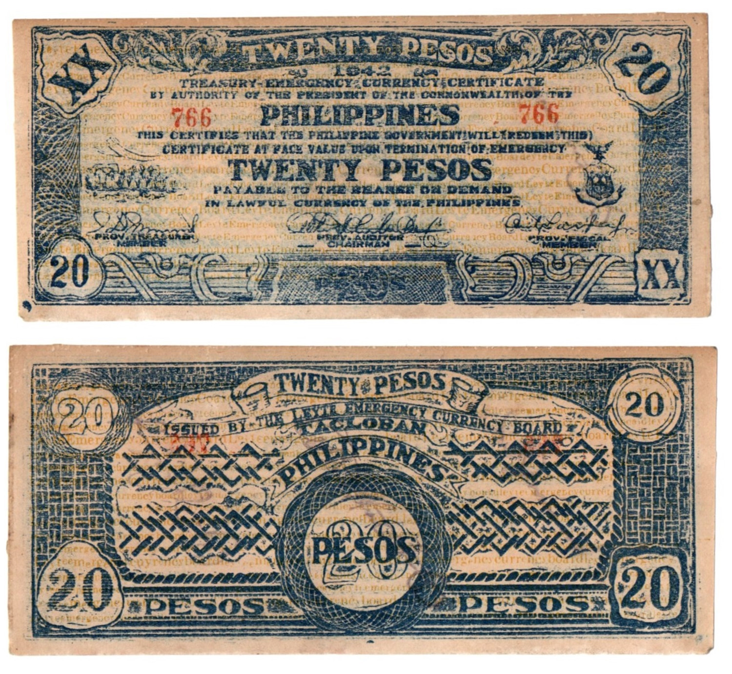 Philippines 1942 Tacloban Leyte 20 Pesos Note S396 6,300 Printed RARE ...