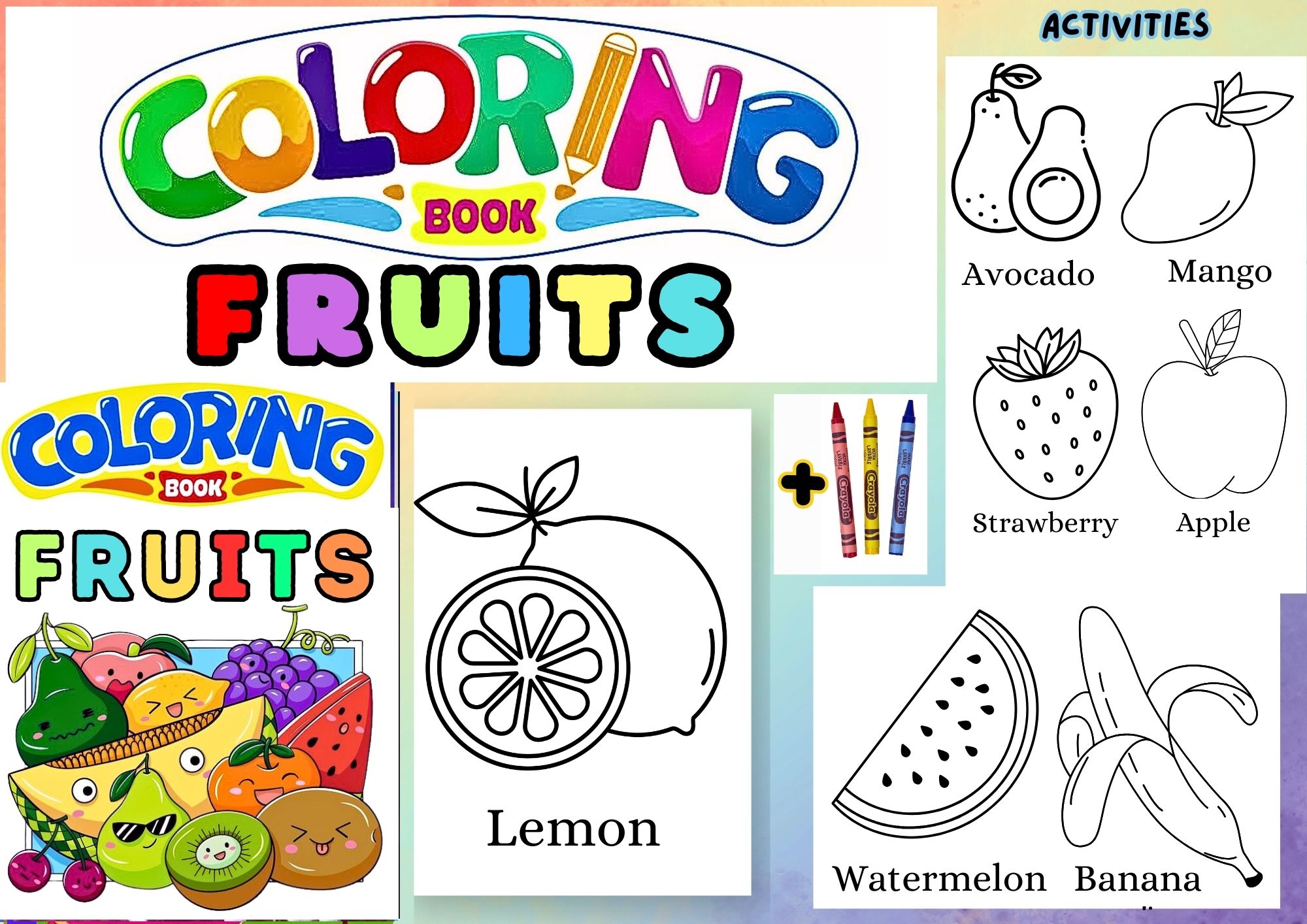 Fruits Coloring Book Cute Kids Coloring Pages Preschool Activity Book ...