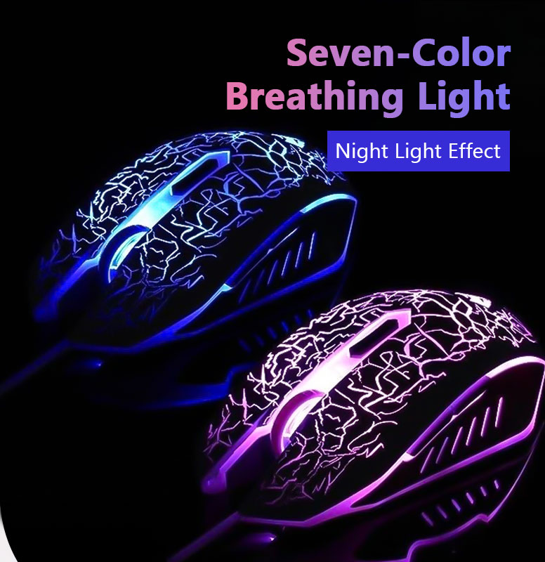 USB Wired Crack Mouse - 7-Color Breathing Light, 4-Speed DPI, Anti-Slip ...