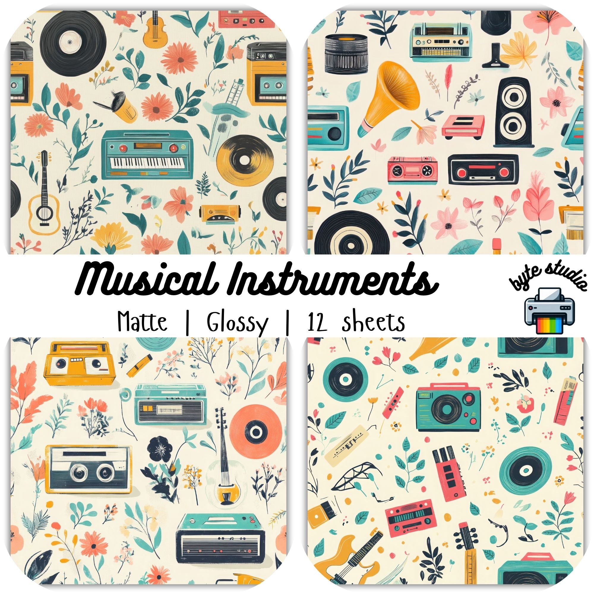 12 Sheets 8x8 Musical Instruments by byte studio | Cardstock Craft ...