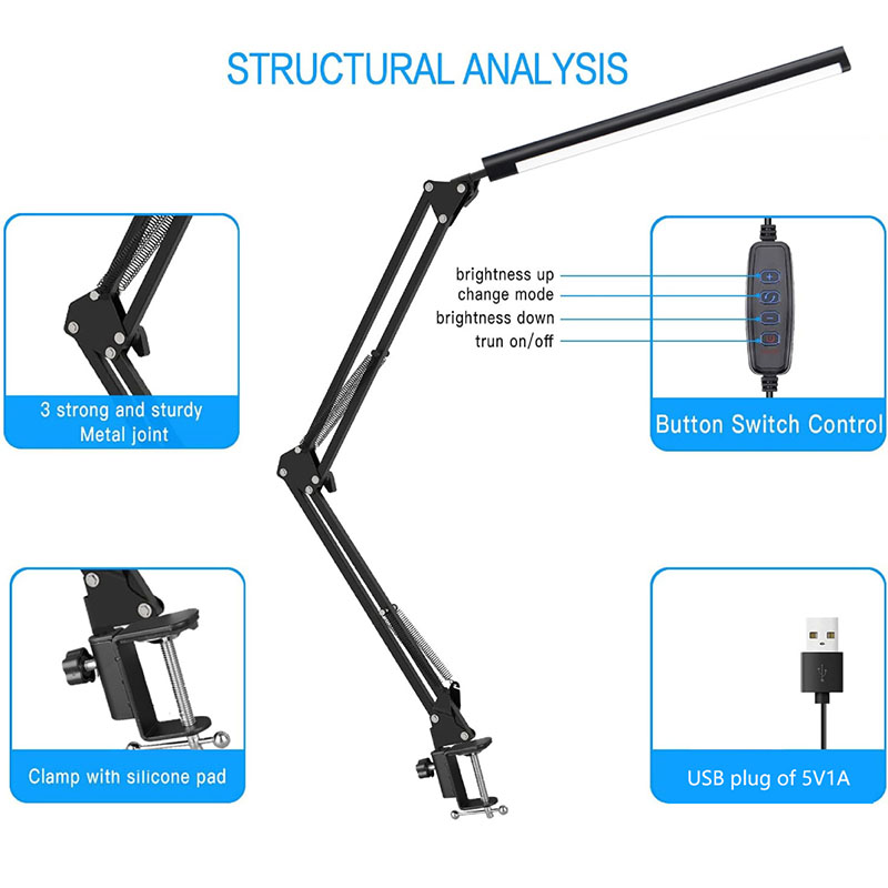 UORRIS LED Folding Metal Desk Lamp Clip On Light Clamp Long Arm Table ...
