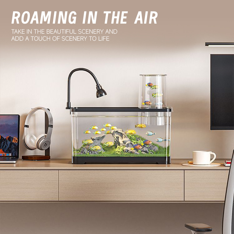 360° panoramic aquarium with LED lighting and a power filter – a white ...