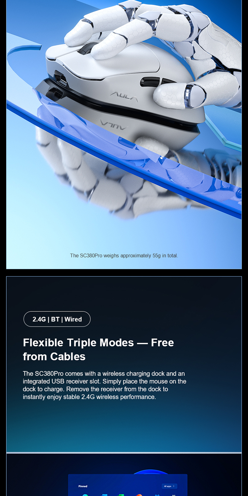 AULA SC380 Pro E-Sports Mouse Lightweight Wireless Mouse Tri-Mode ...