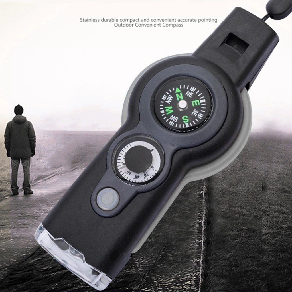 7 In 1 Outdoor Survival Whistle Keychain Compass Magnifier Led Light ...