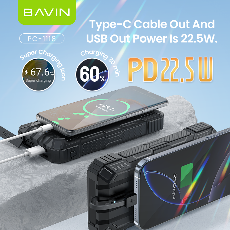 BAVIN PC1117 10000mAh /20000mAh Portable Wireless Solar Powerbank 22.5W Fast Charging Built-in ...