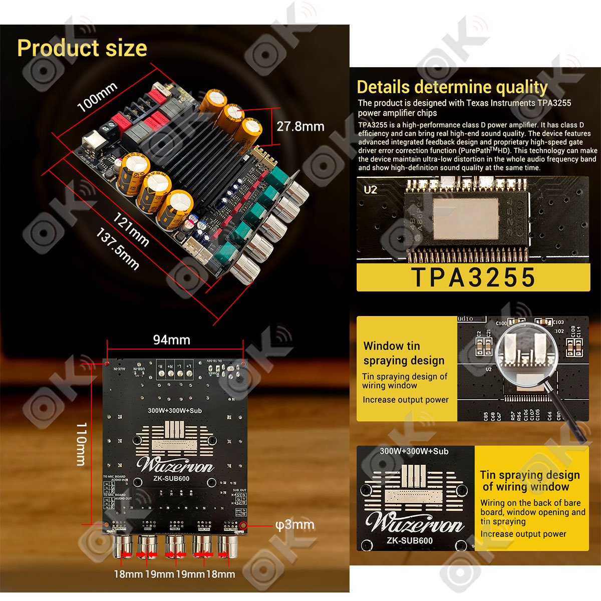 OKmusic ZK-SUB600 2.1 Bluetooth 5.3 Amp Board 300W×2+Sub TPA3255 18-50V ...