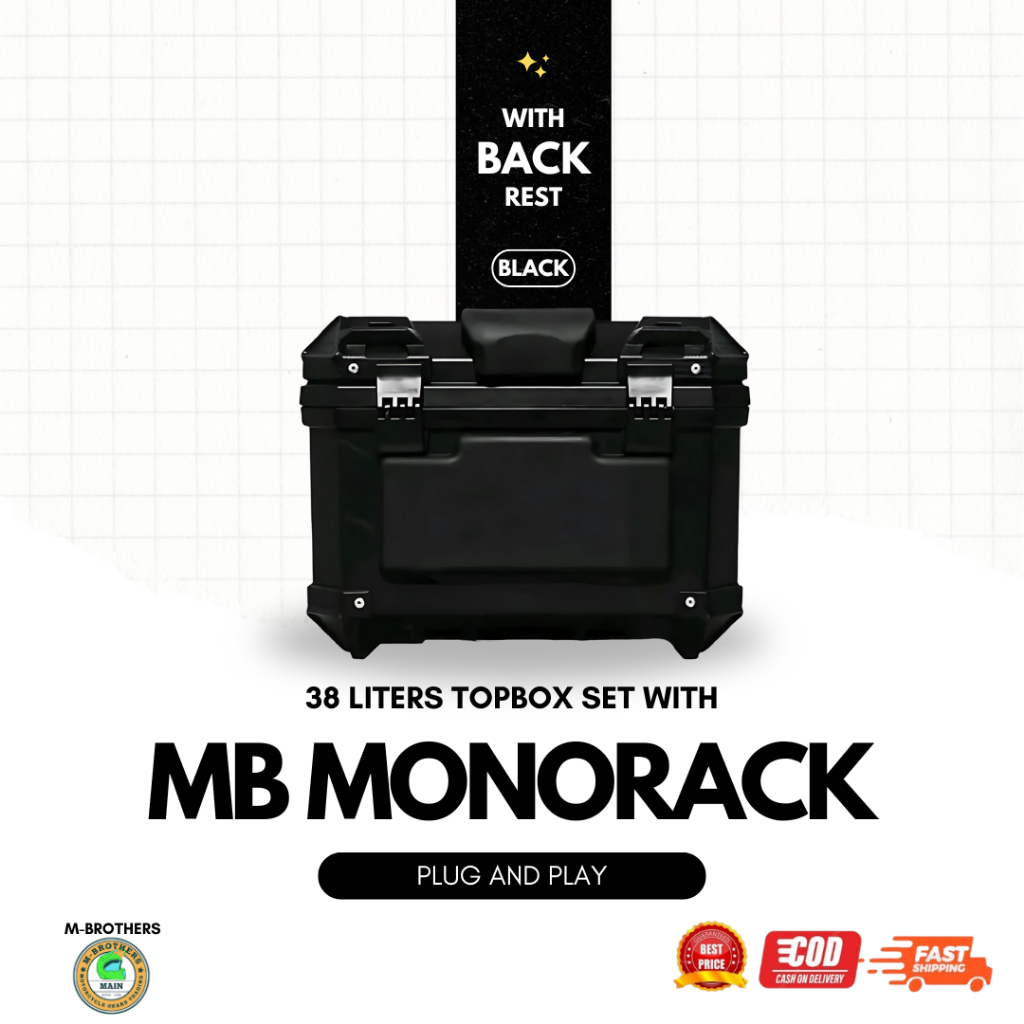 Set Black RXR 38 Liters Hard Plastic Top Box Helmet Compartment With MB ...