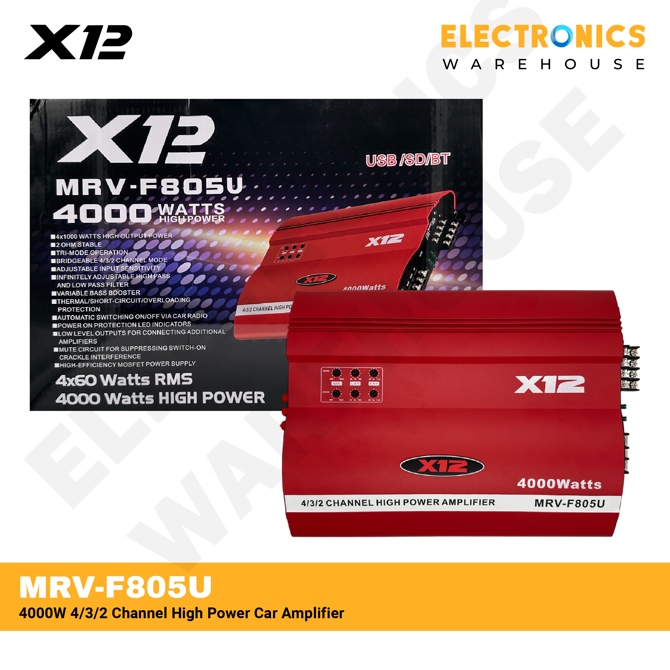 X12 MRV-F805U 4000W 4/3/2 Channel High Power Car Amplifier with ...