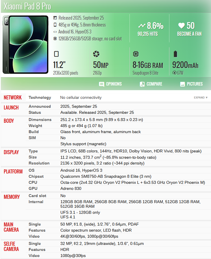Xiaomi Pad 8 /Xiaomi Pad 8 Pro /Snapdragon 8 Elite (3 nm)/ 9200 mAh ...