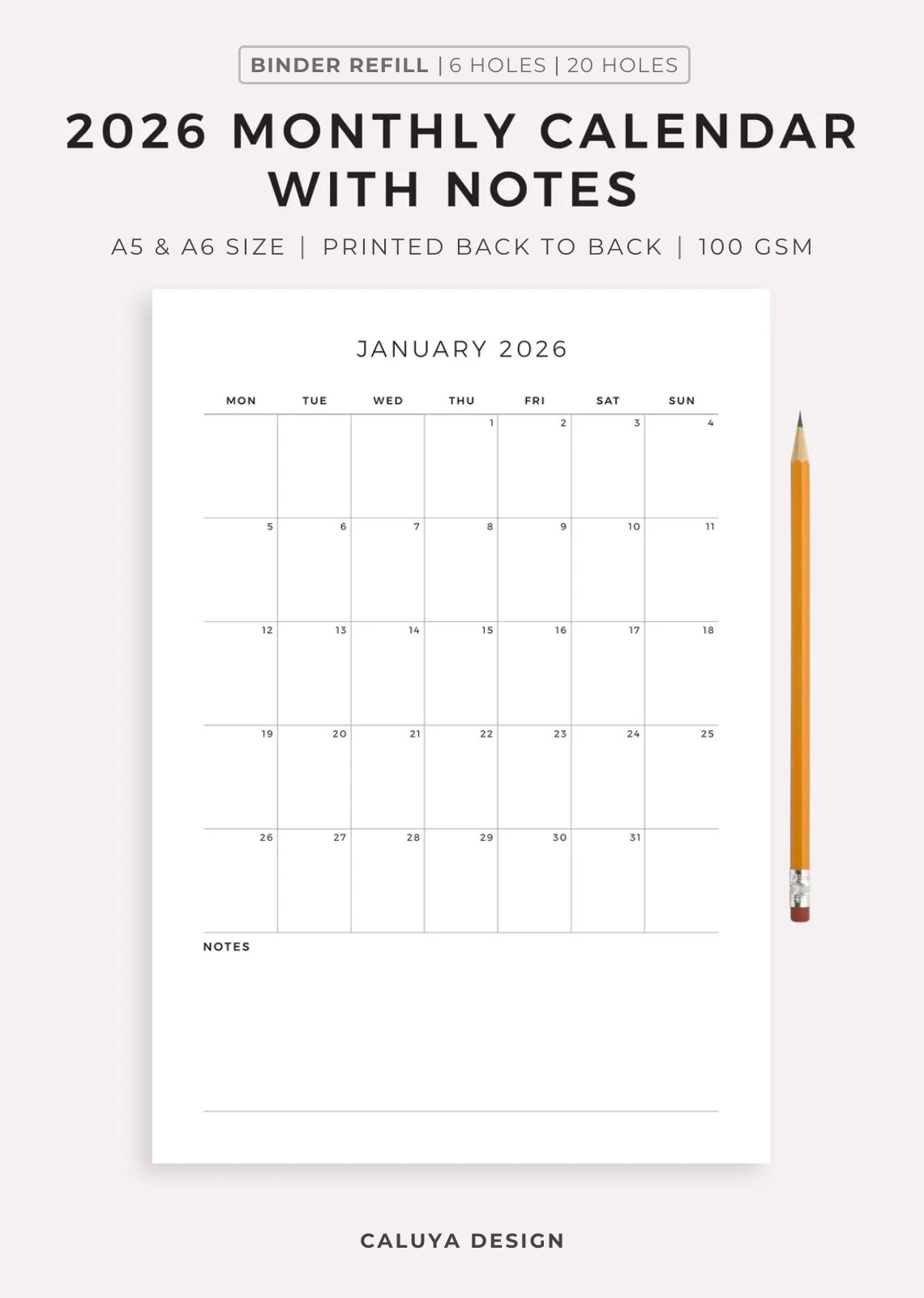 A5 A6 2026 Monthly Calendar with Notes Planner Binder Refill Loose Leaf ...