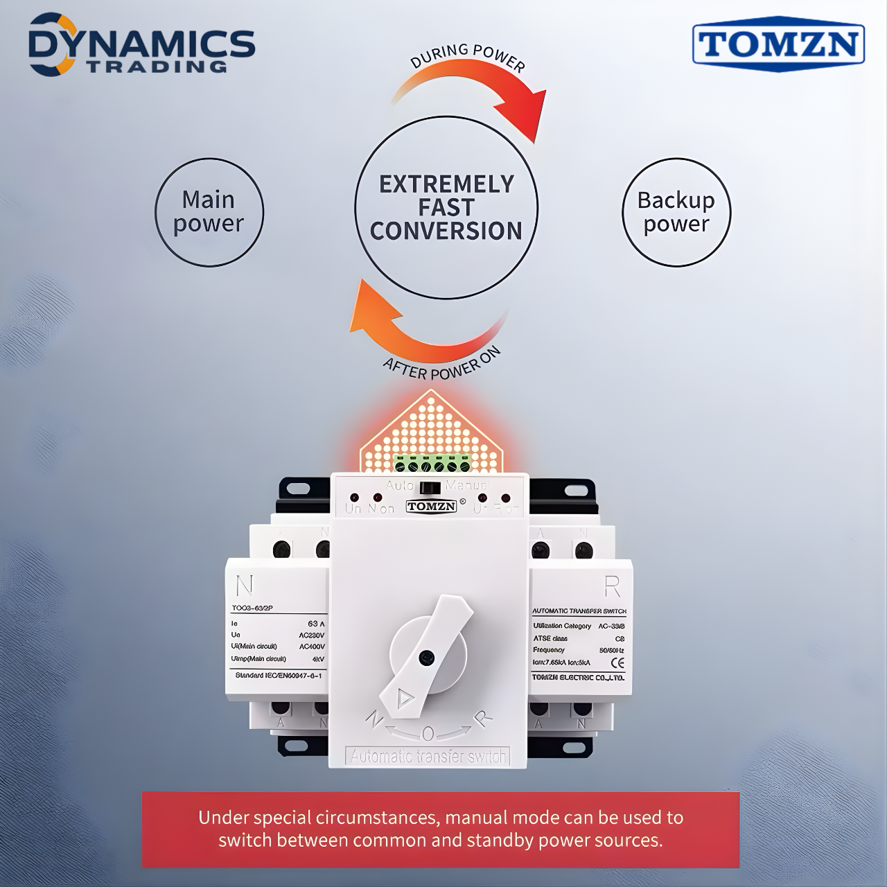 TOMZN ATS Dual Power Automatic Transfer Switch 2P Manual Auto Changeover Switch 63A 125A 220V ...