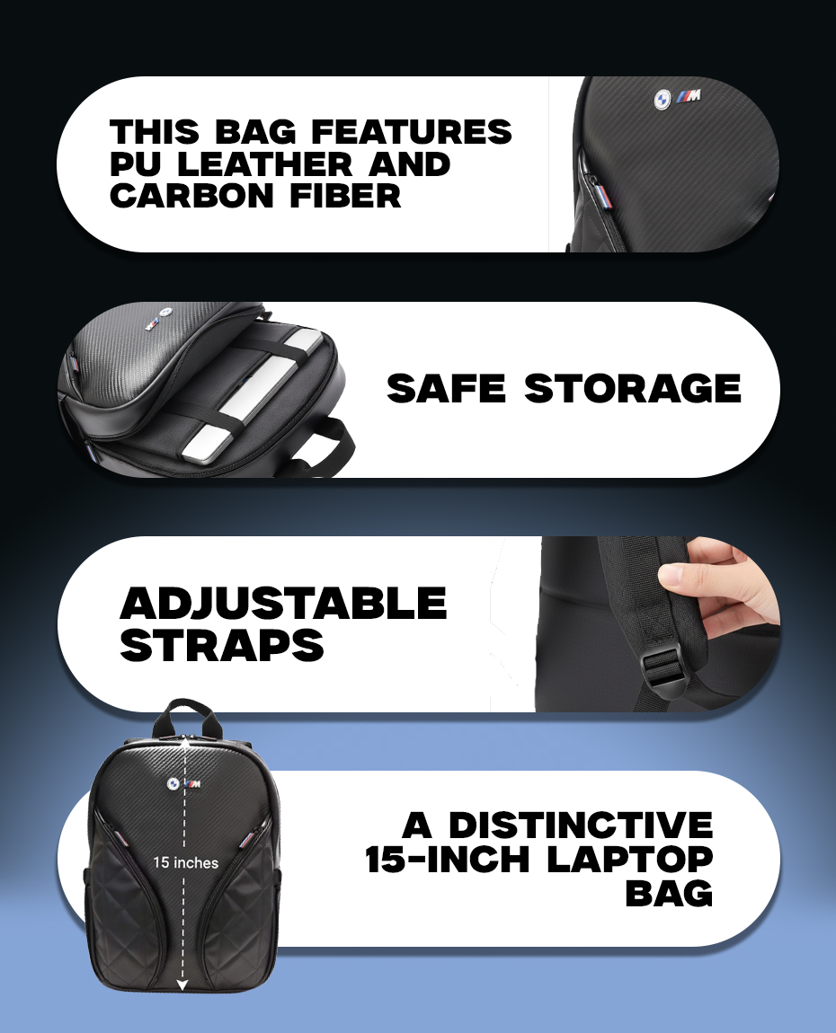 BMW M Badge Backpack 15″ Premium PU Leather Carbon Black Rugged ...