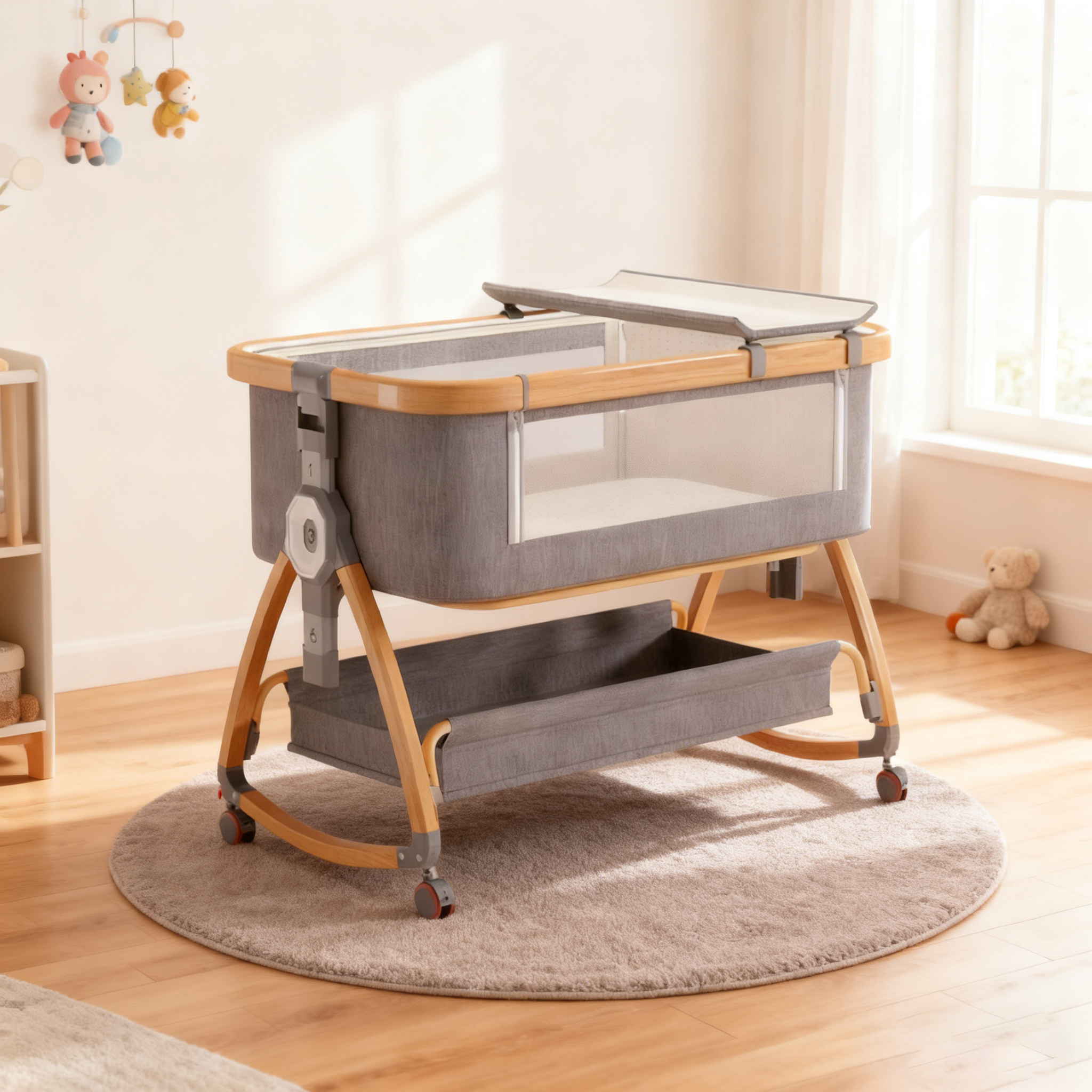 Crib for Baby Portable Cradle with Mosquito Net Adjustable Height Wood ...