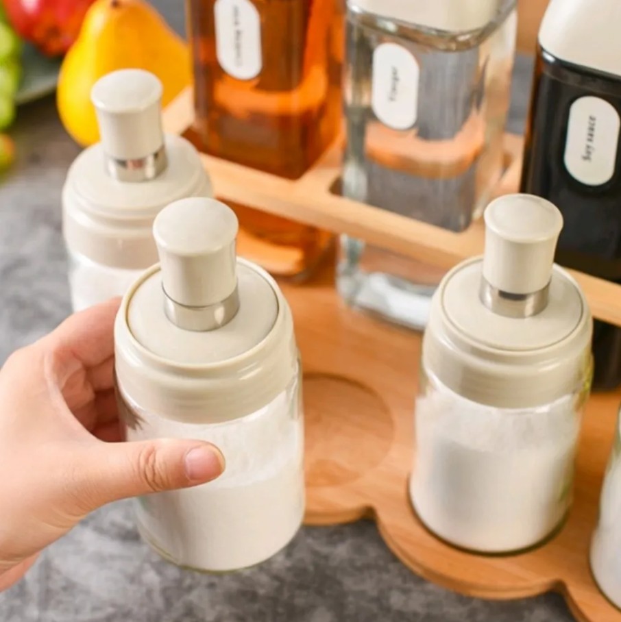 Set of 4 Glass Spice Container Cream-Colored Thick Glass Seasoning Jars ...