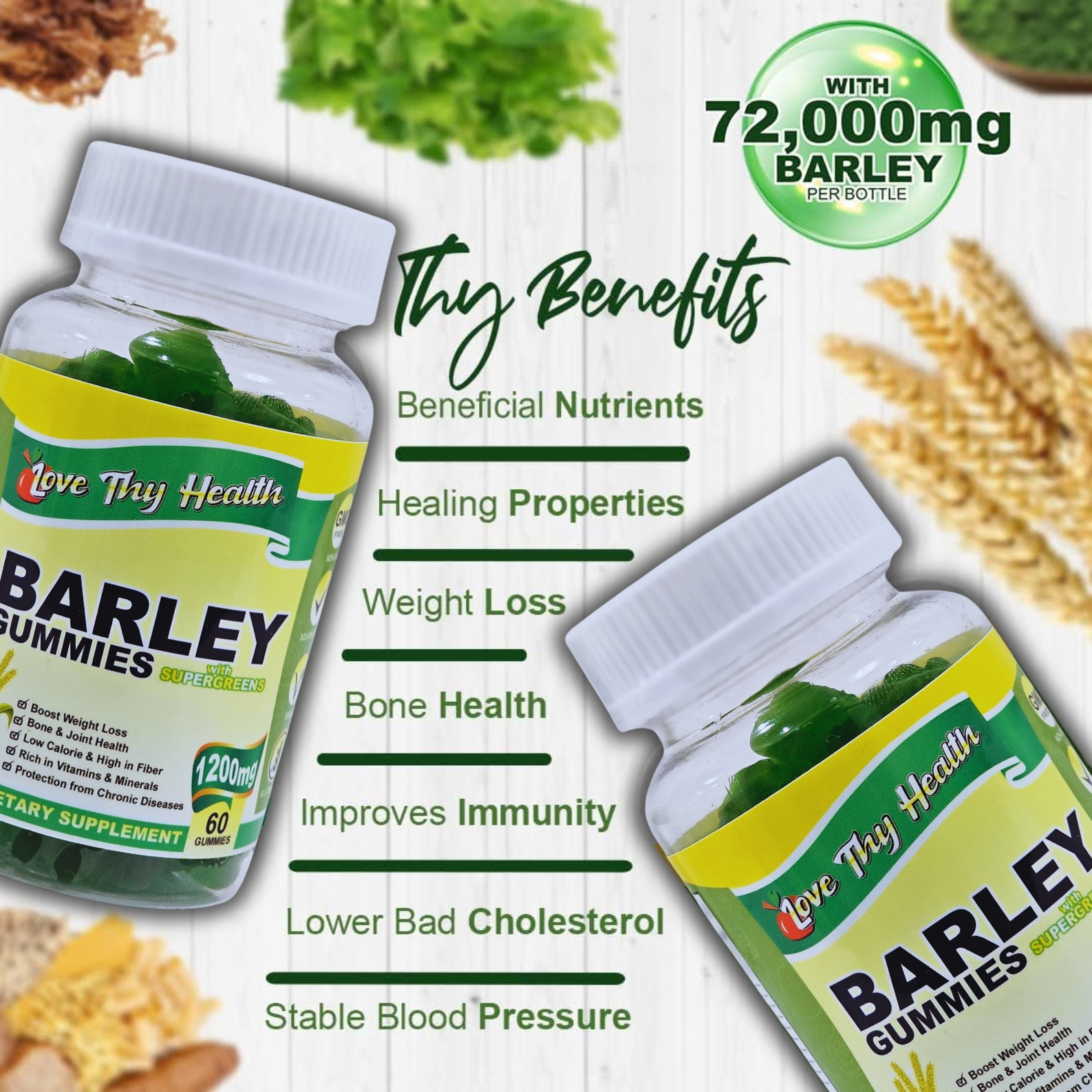 Love Thy Health Barley Gummies Dietary Supplement 60 Gummies 1200mg Per ...