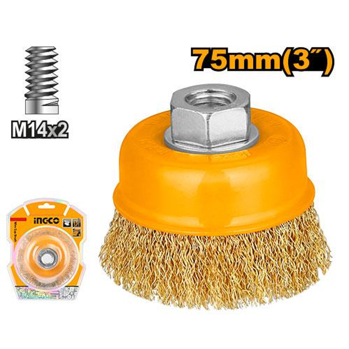 INGCO Wire Cup Brush 75mm M14x2 for Deburring, Paint Stripping & Weld ...