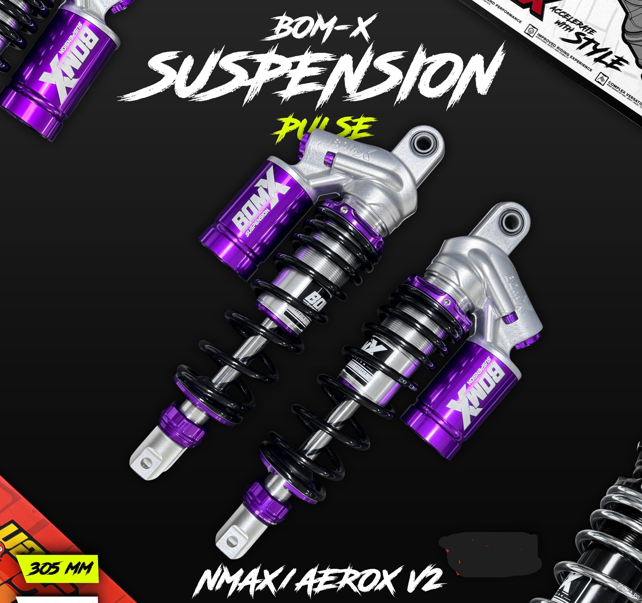 MIOLS3 BRAND NEW 𝗕𝗢𝗠-𝗫 𝗣𝗨𝗟𝗦𝗘 REAR SHOCK / NMAX AEROX V2 / CLICK 125 150 ...