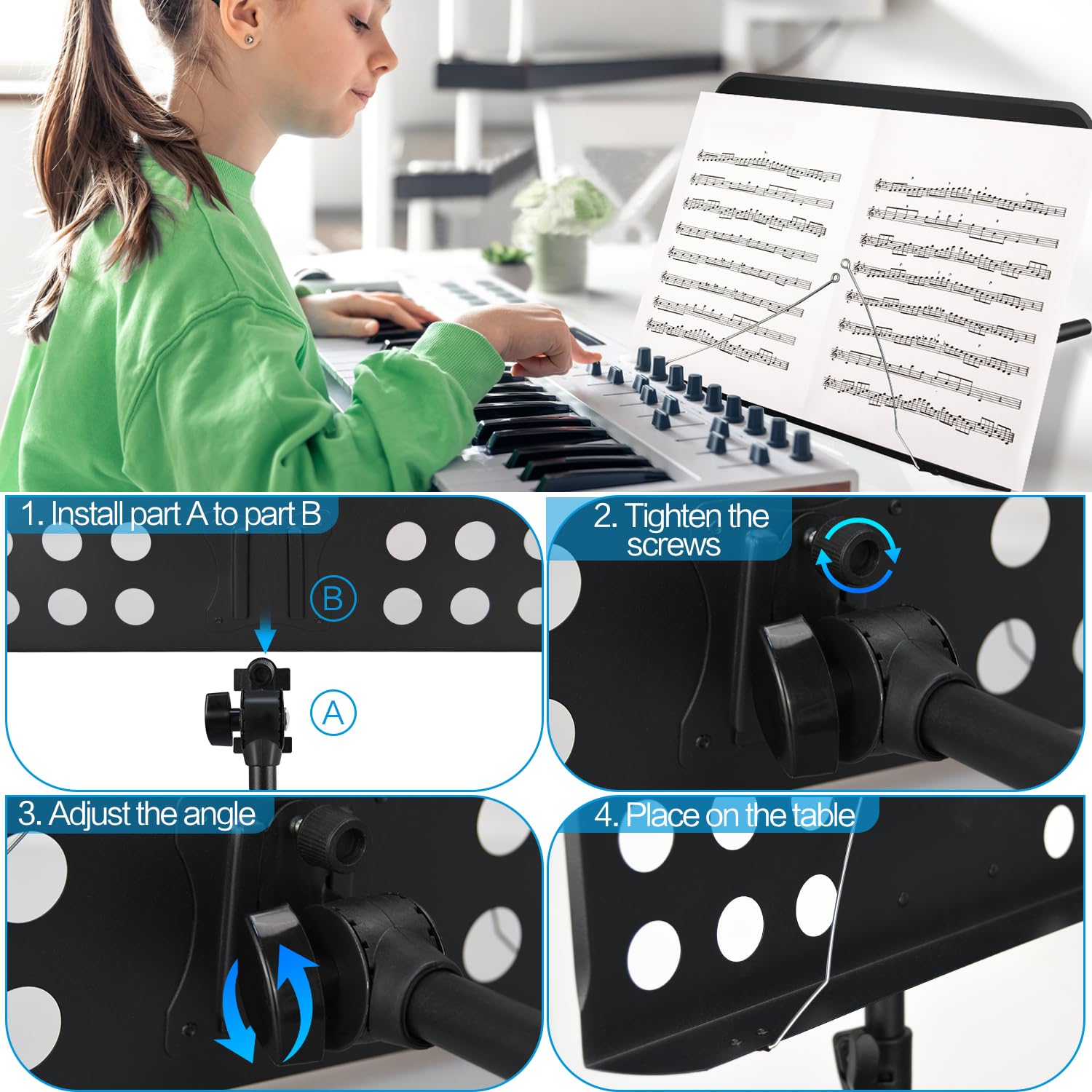 Portable Music Stand Foldable Adjustable Heavy Duty Sheet Stand with Lyrics Holder Accessories ...