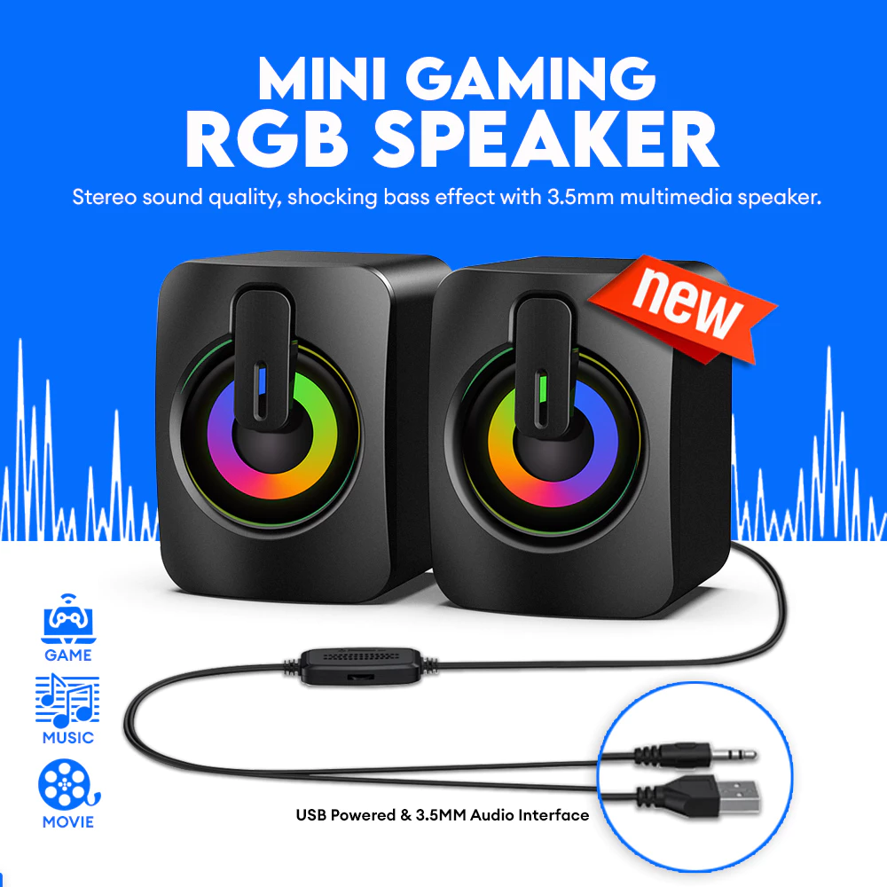 Popcorn CS006 Mini Computer Speaker for PC RGB Soundbar Desktop Gaming ...