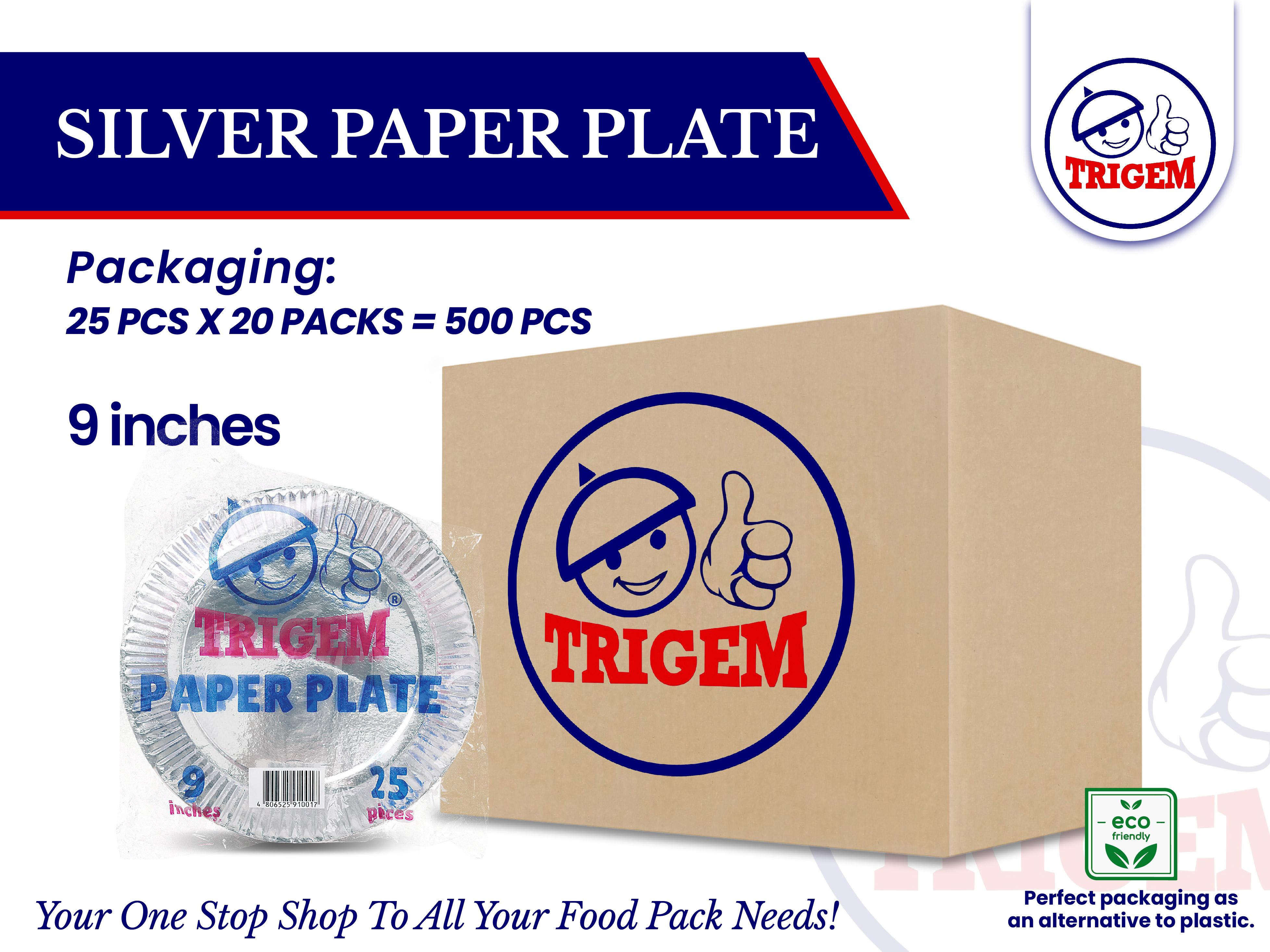 [ 500 Pcs = 1 Bundle ] TRIGEM Paper Plate Plain Silver 9 Inches ...