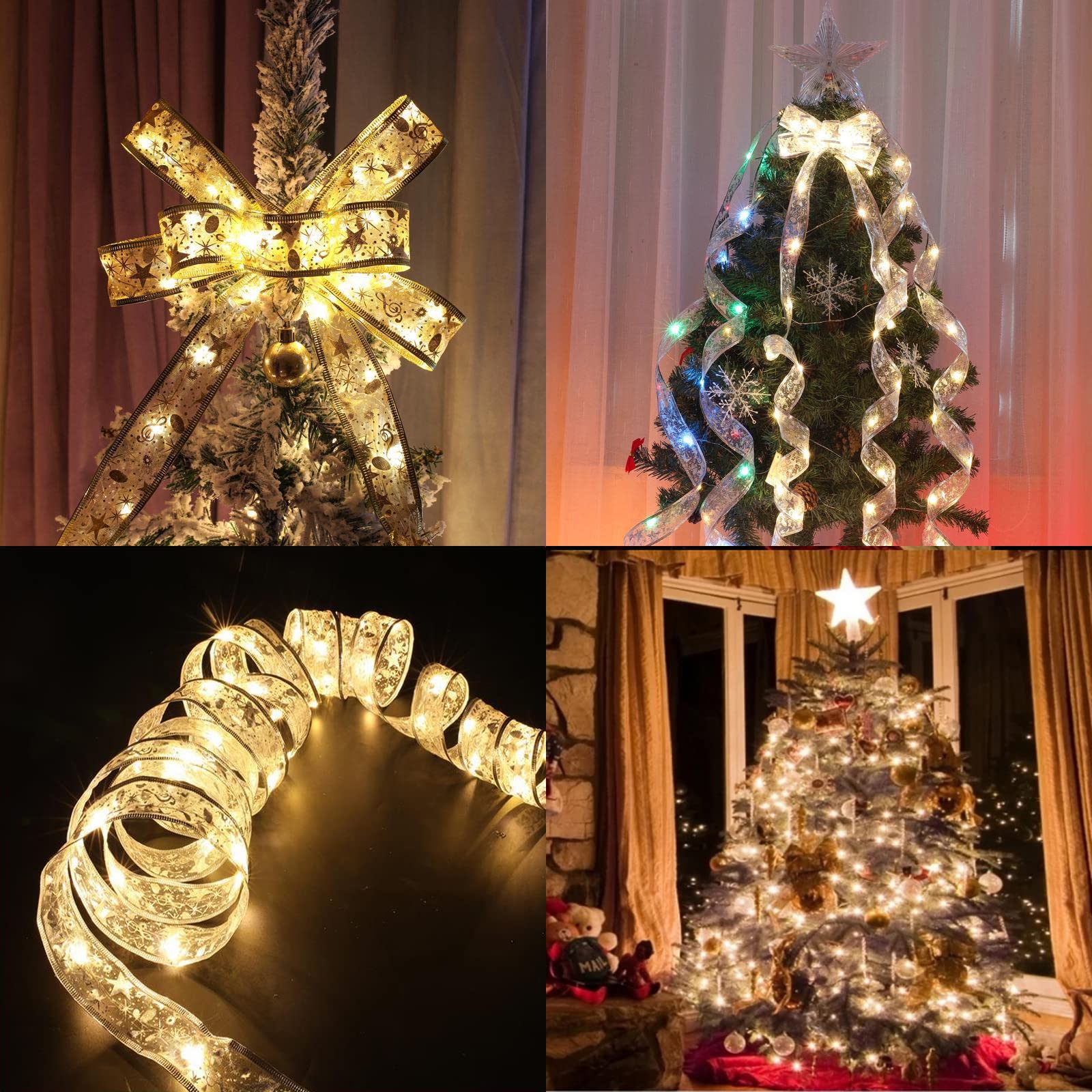 Christmas Ribbon with Lights 4M 100 LED Battery Operated Colorful ...