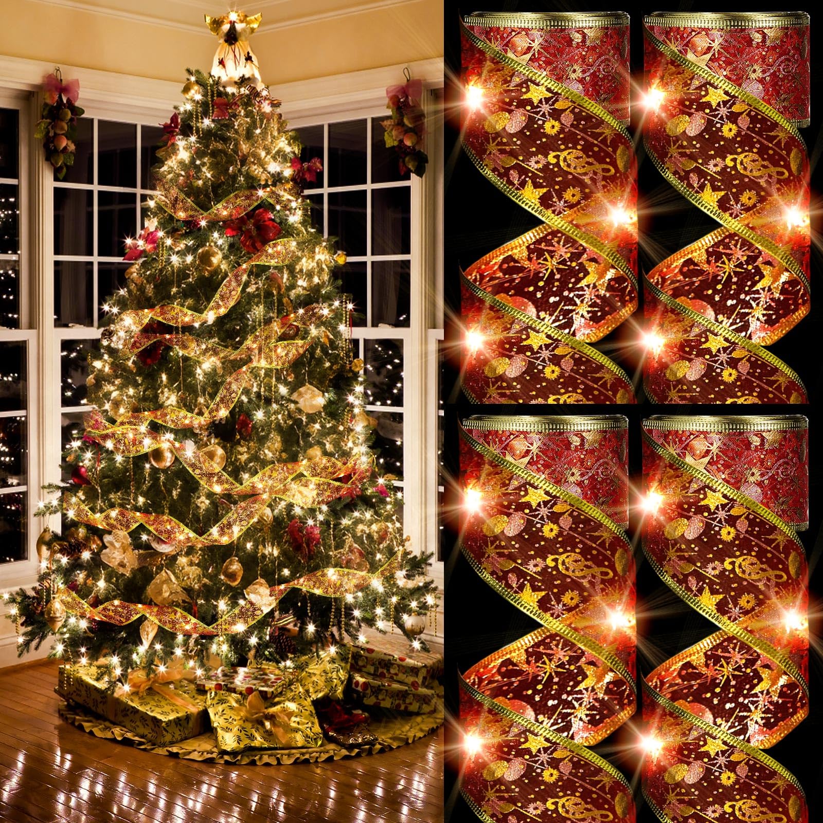 Christmas Ribbon with Lights 4M 100 LED Battery Operated Colorful ...