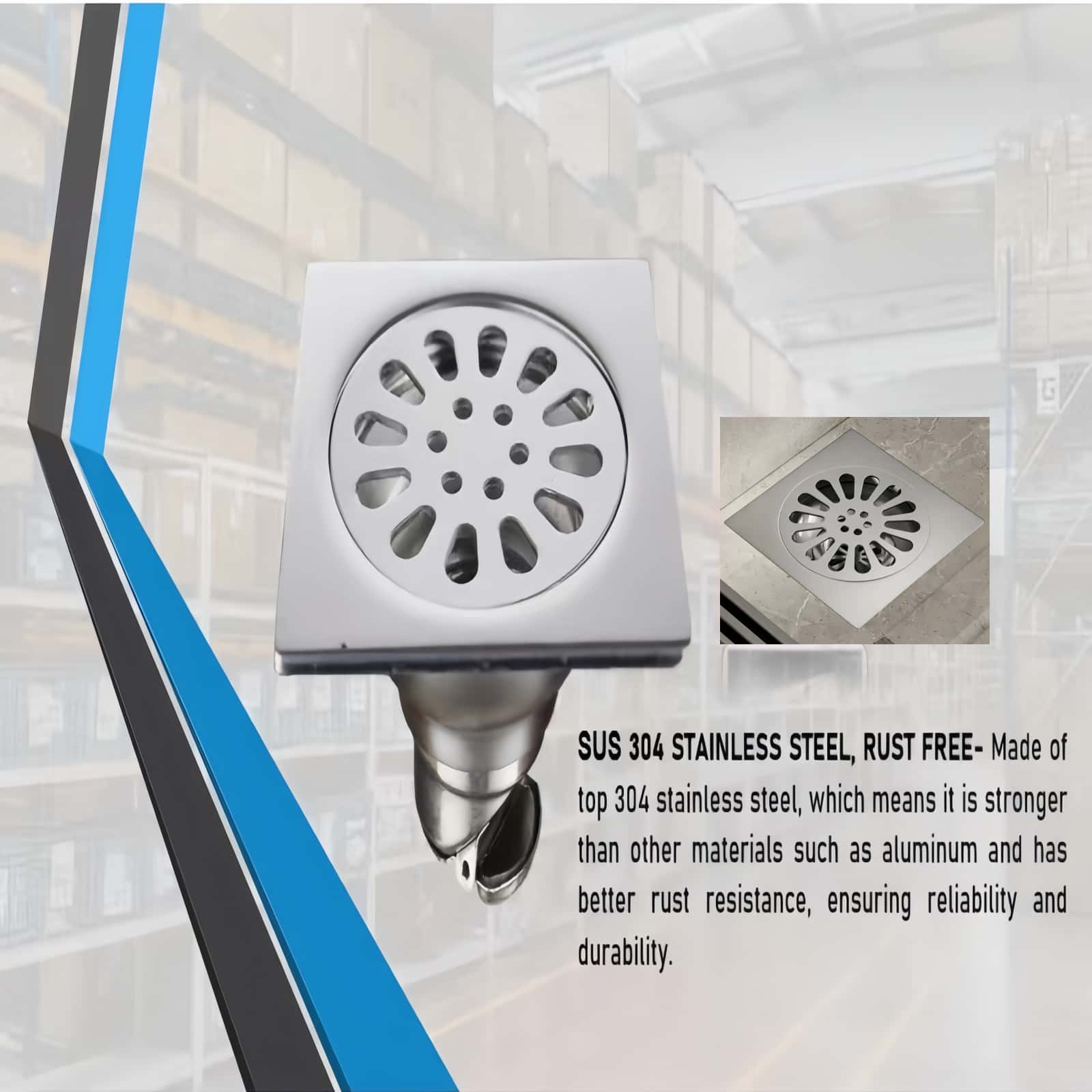 1pcs Stainless Steel Floor Drain 4*4" - Anti-Odor, for Shower, Bathroom ...