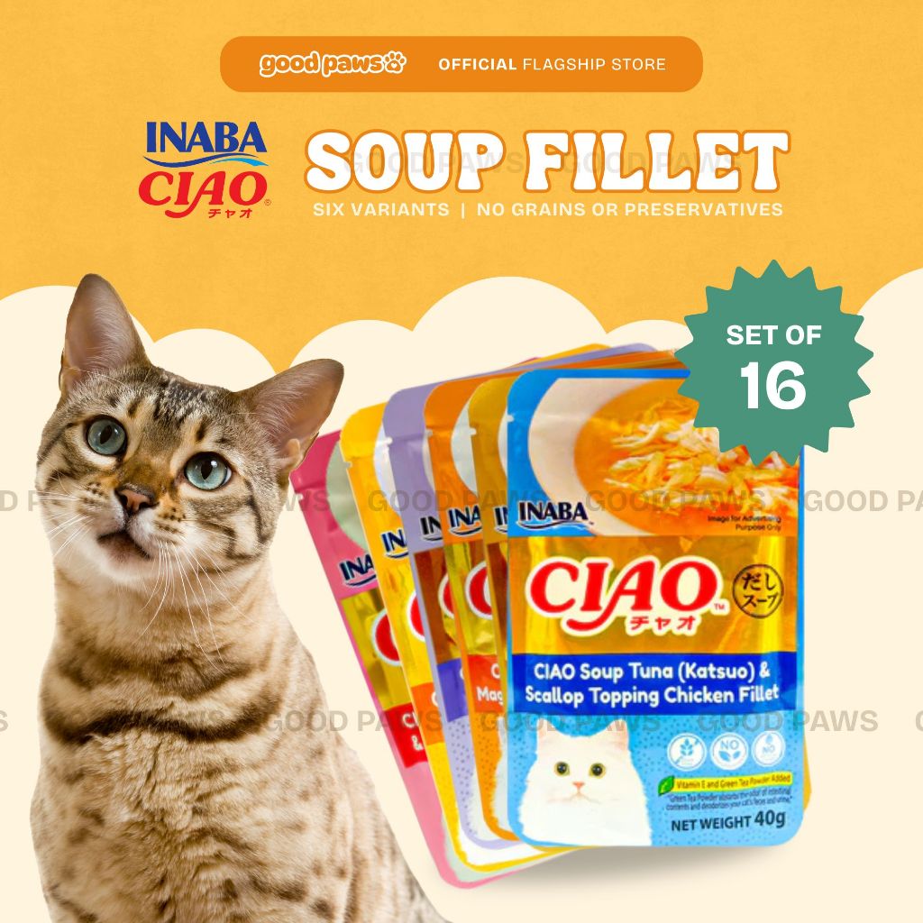 Inaba Ciao Pouch Creamy Soup Fillet Wet Cat Food SET OF 16 ASSORTED 40g Pouch Cat Treats | Good ...