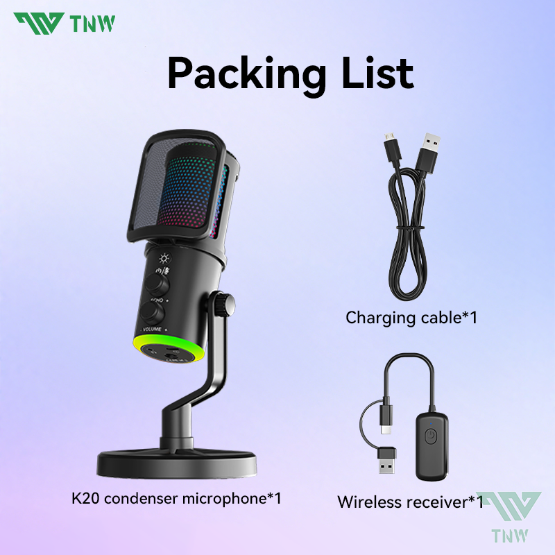 TNW K20 USB Condenser Microphone RGB Gaming Mic Smart Noise Reduction ...