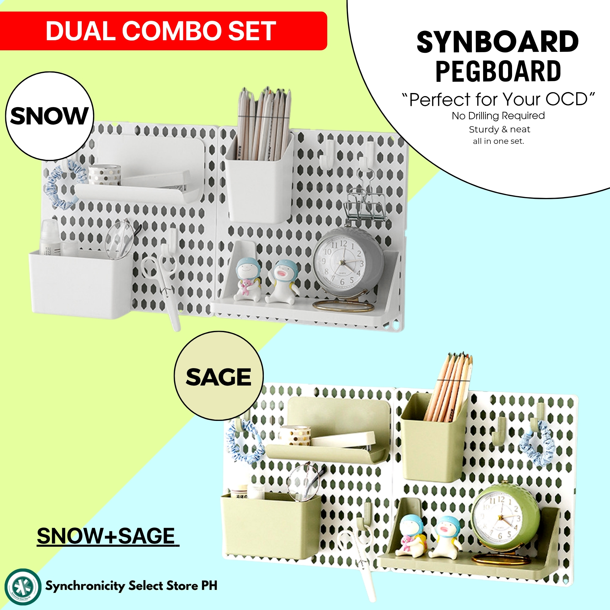 SYNBOARD Dual Pegboard Set - No-Drill Wall Organizer, Desk Display ...