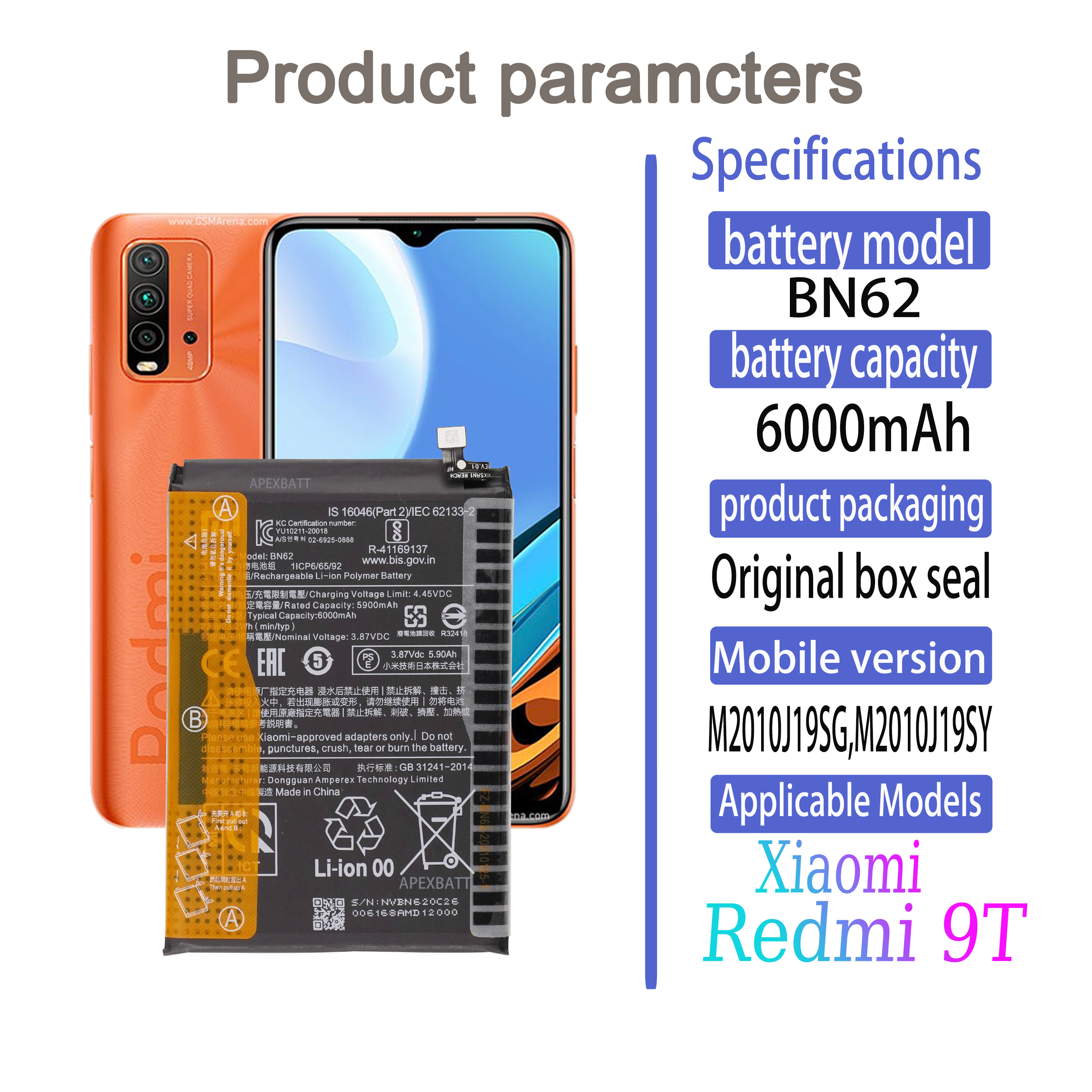 APEXBATT Replacement Phone Battery BN62 For Xiaomi Redmi 9T(4G) mobile ...