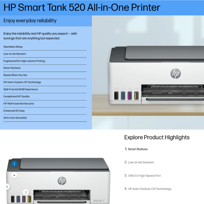 HP Smart Tank 520 All-in-One Printer A4 Color Inkjet All-in-One Printer ...