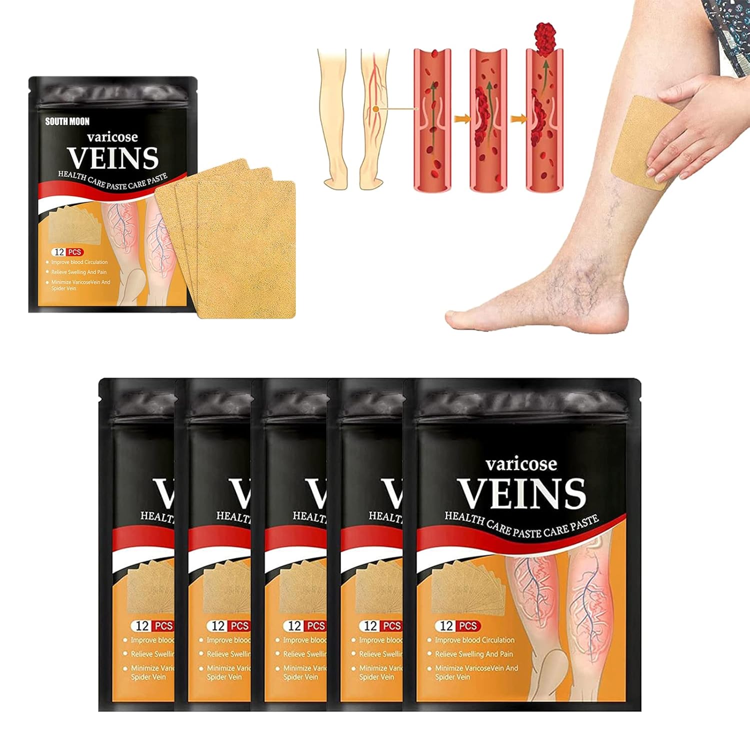 5 packs Natural Herbal Varicose Vein Patch Pain Relief Reduction Blood ...