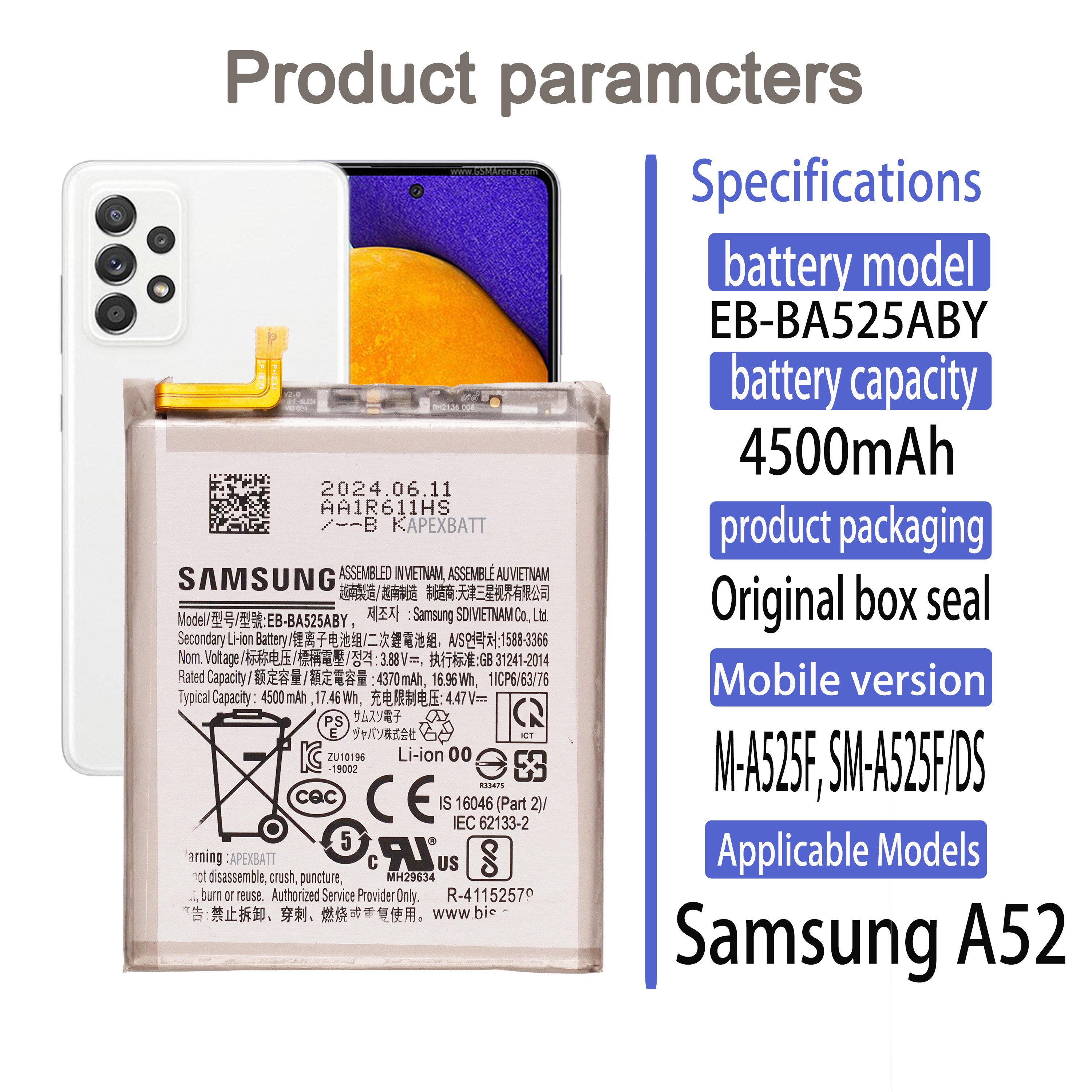 APEXBATT NEW For Sa𝓜sung A52 Battery SM-A525F/DS 4500mAh EB-BA525ABY ...