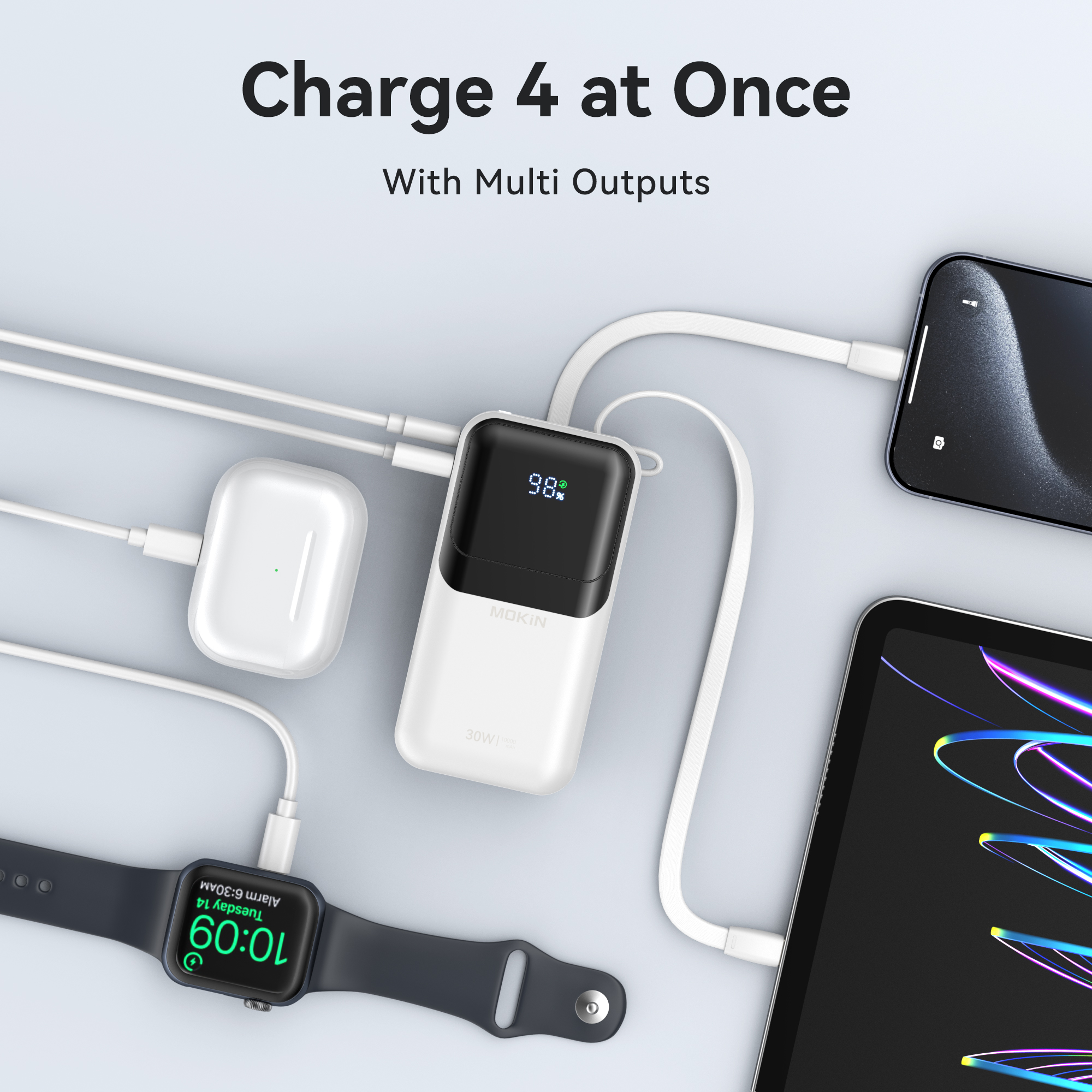 MOKiN 10,000mAh 30W Portable Power Bank - Built-in USB C & iOS Cables ...