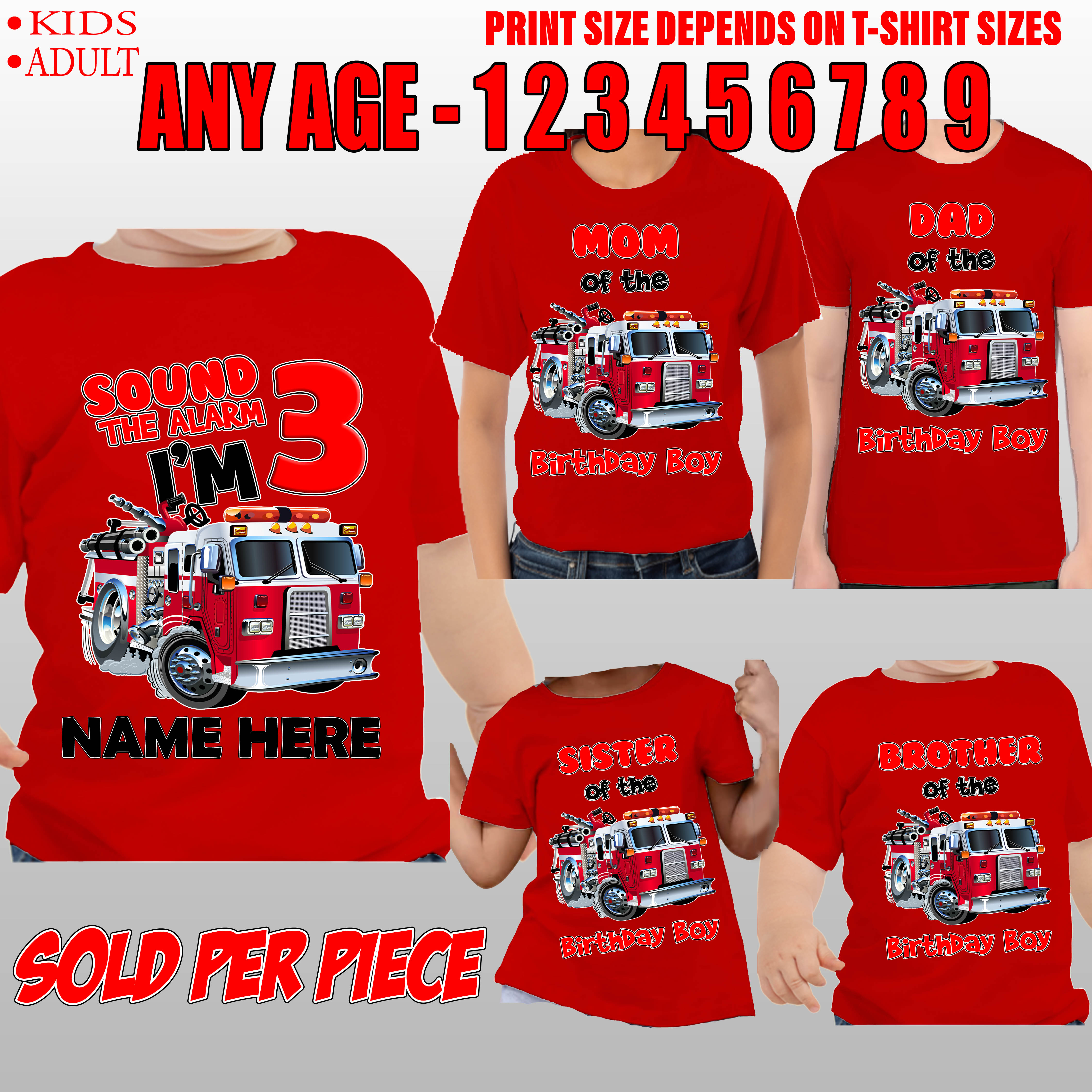 FIRETRUCK PERSONALIZE CUSTOMIZED BIRTHDAY DESIGN RED T-SHIRT FREE NAME ...