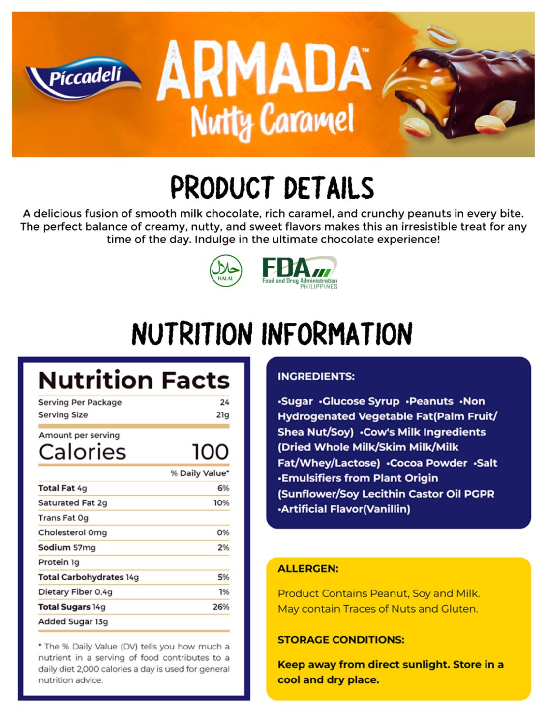 Piccadeli Armada Nutty Caramel Chocolate Bar 24x22g | Shopee Philippines