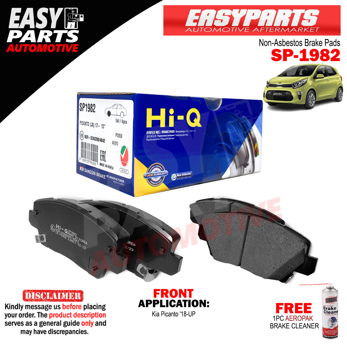 HI-Q Brake Pads SP-1982 Kia Picanto '18-UP Front | Shopee Philippines