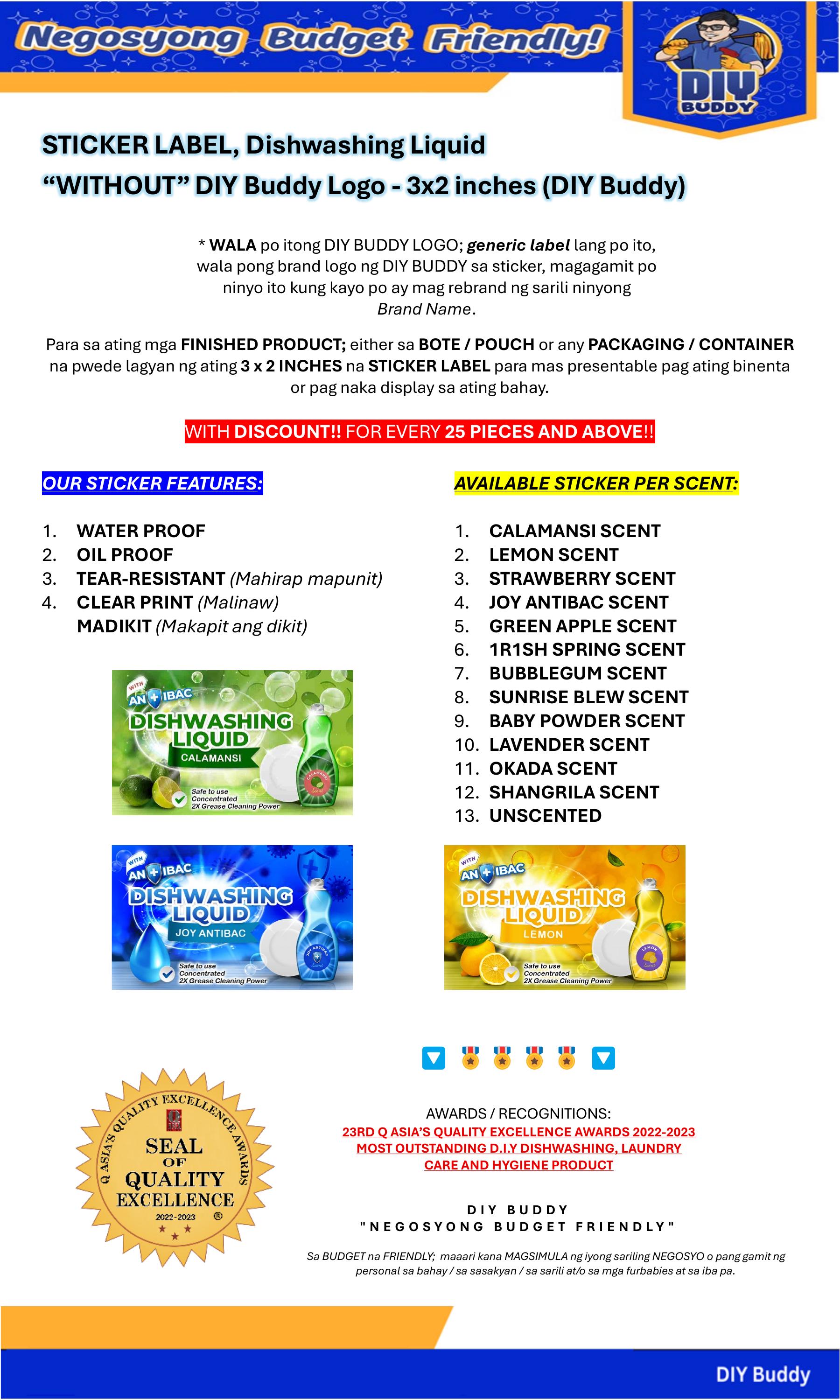 STICKER LABEL, Dishwashing Liquid "WITHOUT" DIY Buddy Logo - 3x2 inches ...