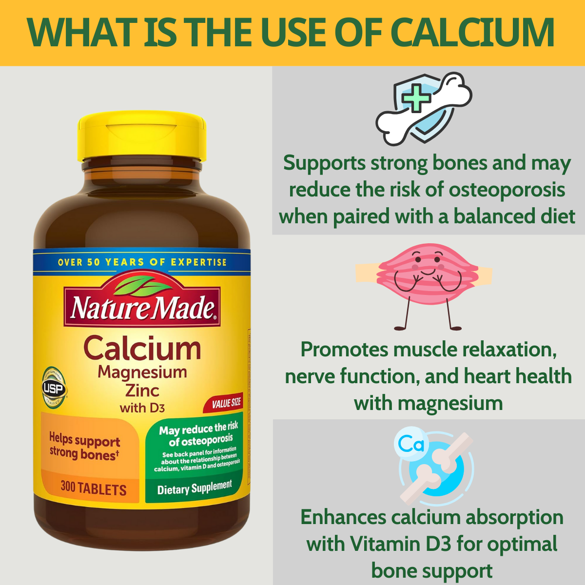 Calcium Magnesium Zinc Nature Made Bone Health Support 300 Tablets ...