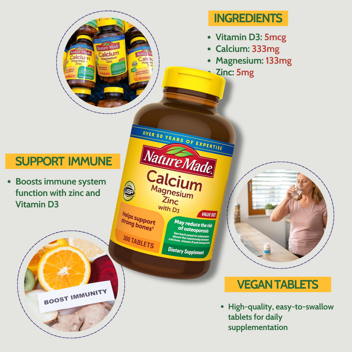 Calcium Magnesium Zinc Nature Made Bone Health Support 300 Tablets ...