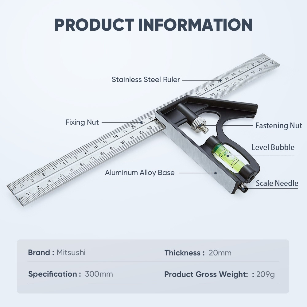 Mitsushi 300mm Adjustable Combination Square Angle Ruler 45/90 Degree ...