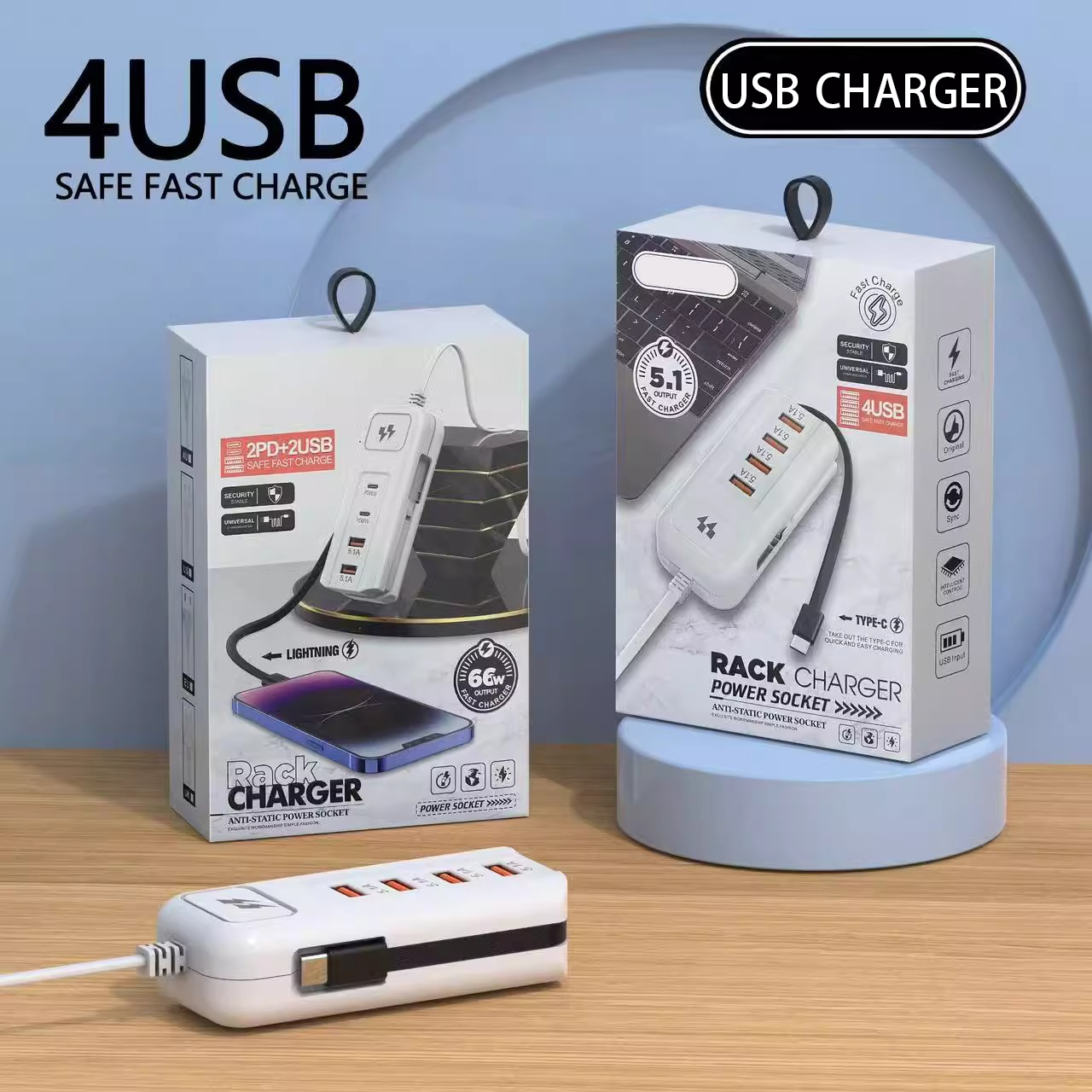 4 Port USB Charger With Type C Socket Extension Cable Multi Port Dual ...